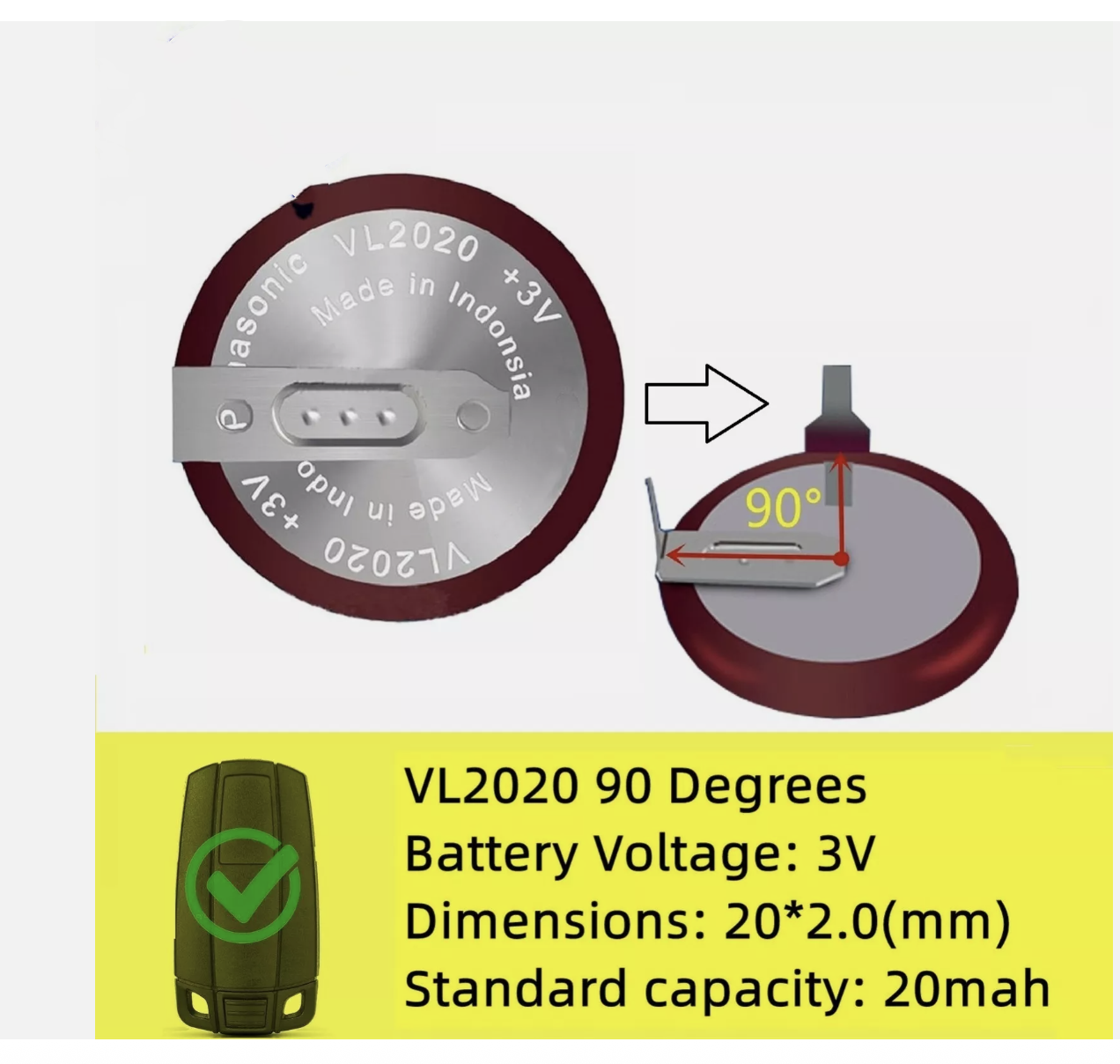New Battery Key Remote Fob Rechargeable for Panasonic VL2020 90 degree ...